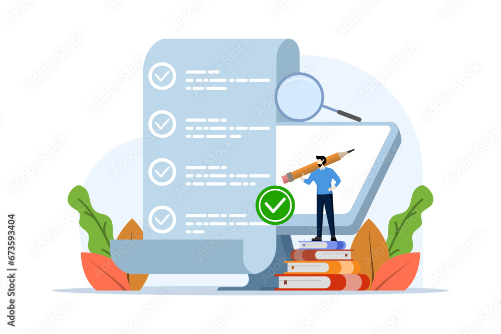 Exam concept with characters, online test and checking answers, exam ...