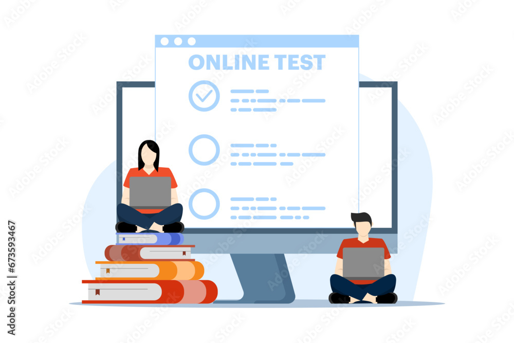 Exam concept with characters, online test and checking answers, exam ...