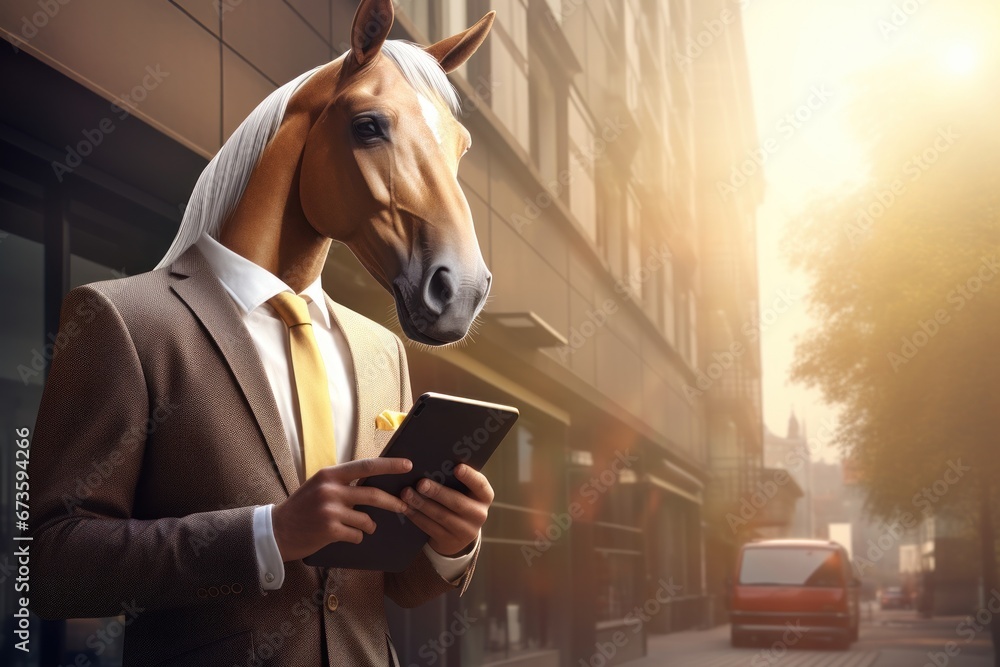 horse humanoid in Business Suit with mobile phone in city background ...