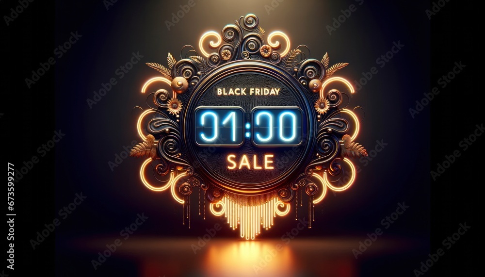 A modern digital countdown display on a dark gradient backdrop. Neon ...