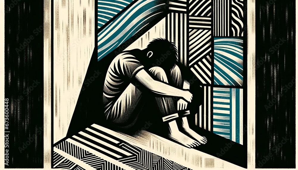 A depiction of a person huddled in a corner, surrounded by contrasting ...