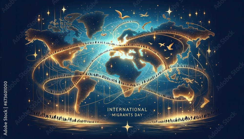 An illustration of a world map depicting migration routes, with the ...