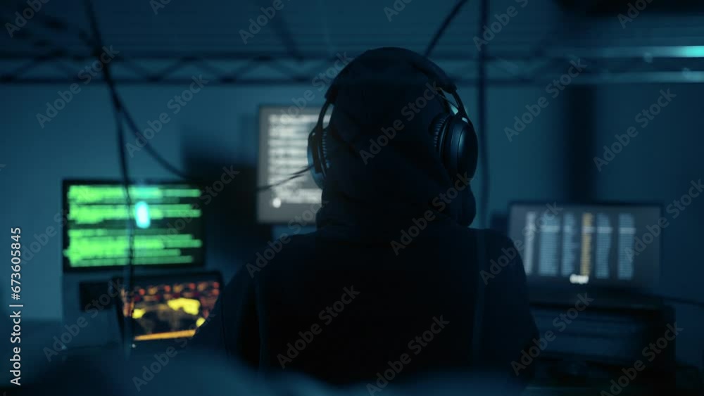 A hacker breaks into company data servers in dark atmosphere and has ...