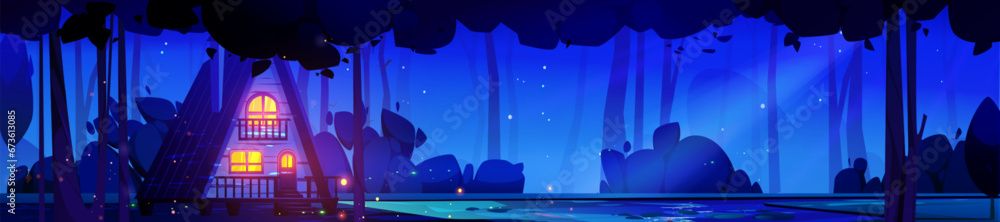 Wooden hut near lake in night forest. Vector cartoon illustration of ...