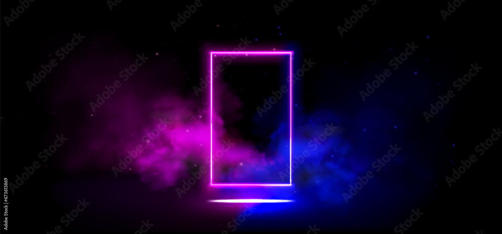 Neon light frame in cloud of smoke on black background. Vector ...