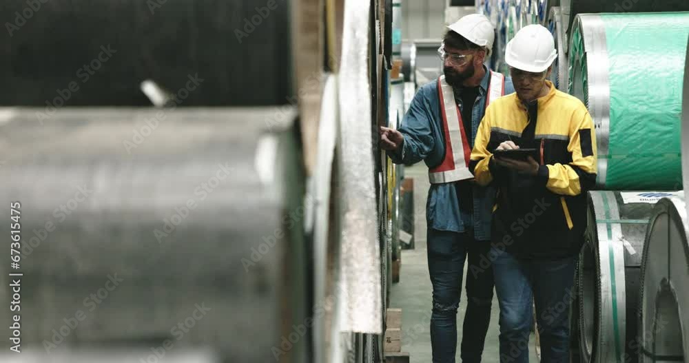 Team of engineer workers wearing safety helmets Use tablets to inspect ...