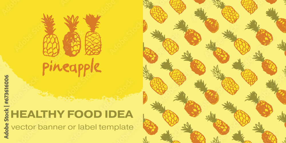 Vector seamless pattern with color hand drawn pineapple ornament ...