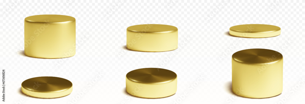 Golden cylinder product podiums in different sizes. Realistic 3D vector ...