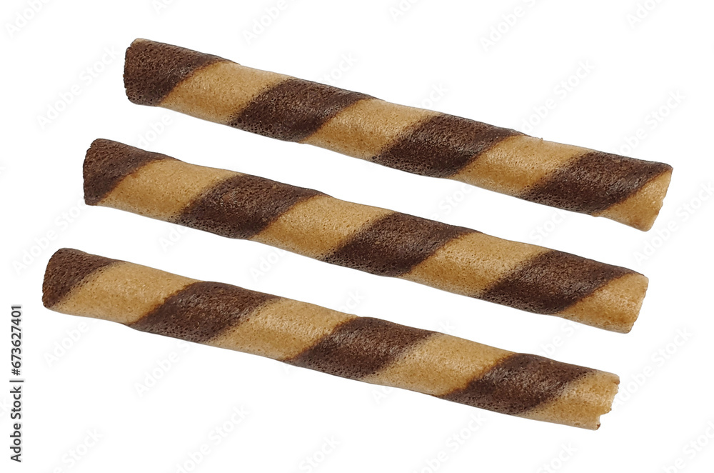 Three brown striped wafer rolls isolated on white background with ...