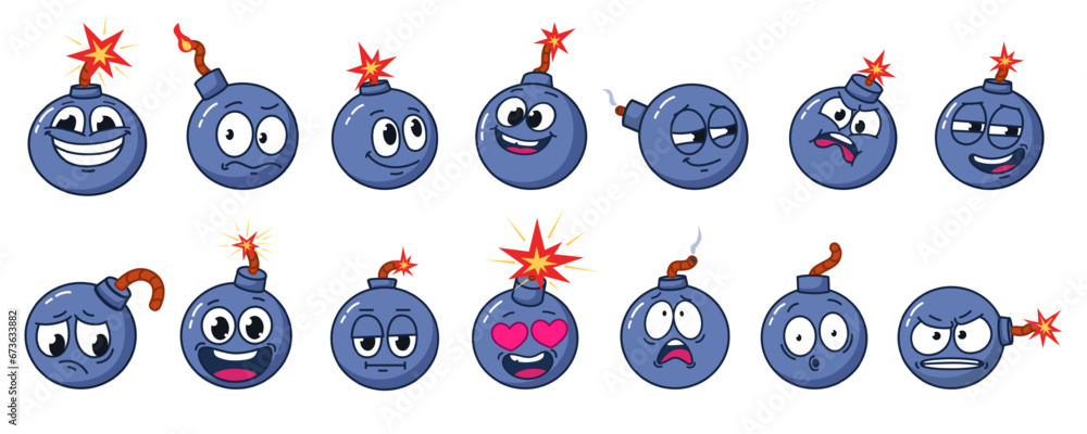 Cartoon bomb characters. Various emotional bombs, isolated weapon ...