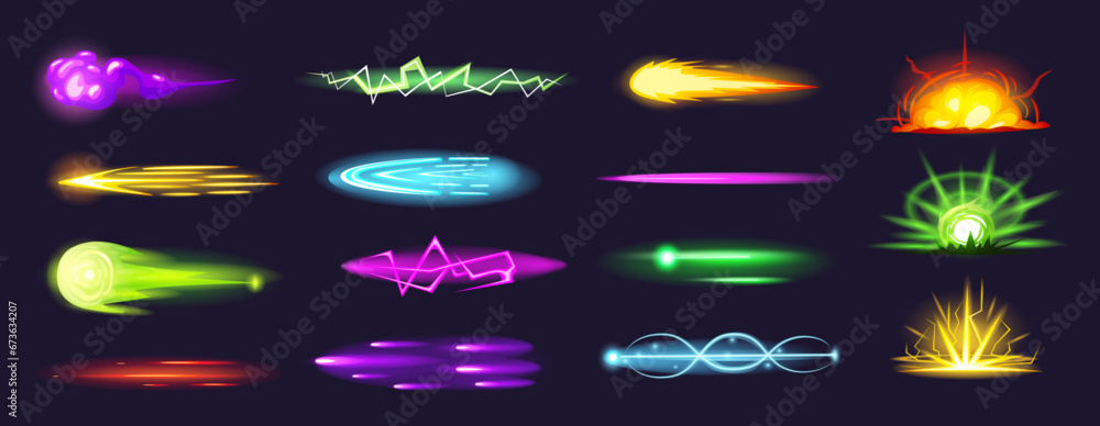 Blaster shot effect. Neon laser ray and plasma shooting. Game shots ...