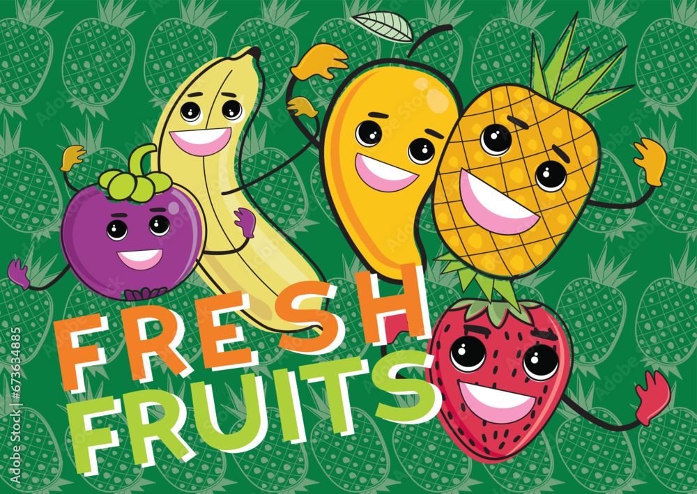 COLORFUL FRESH FRUITS VECTOR ILLUSTRATION SIGNAGE,GOOD FOR VEGAN,SCHOOL ...