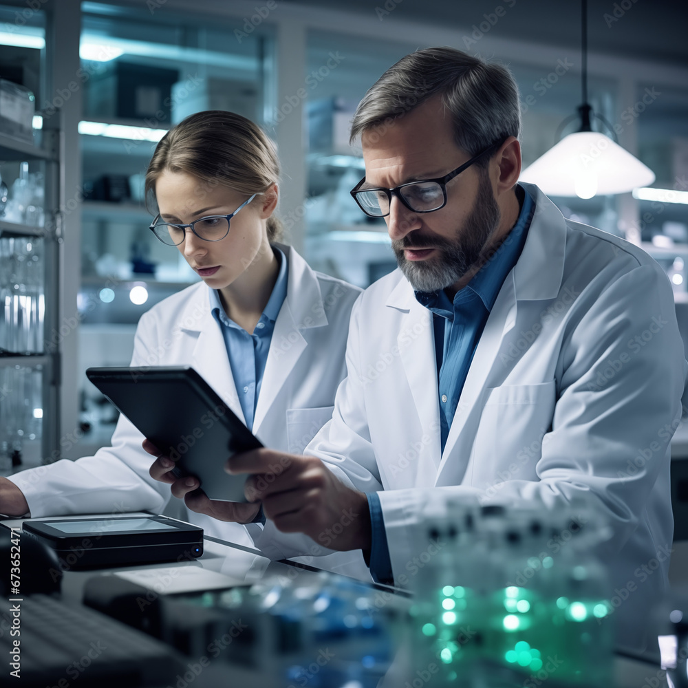 Scientist, tablet and teamwork in science experiment, results or collaboration on computer at ...
