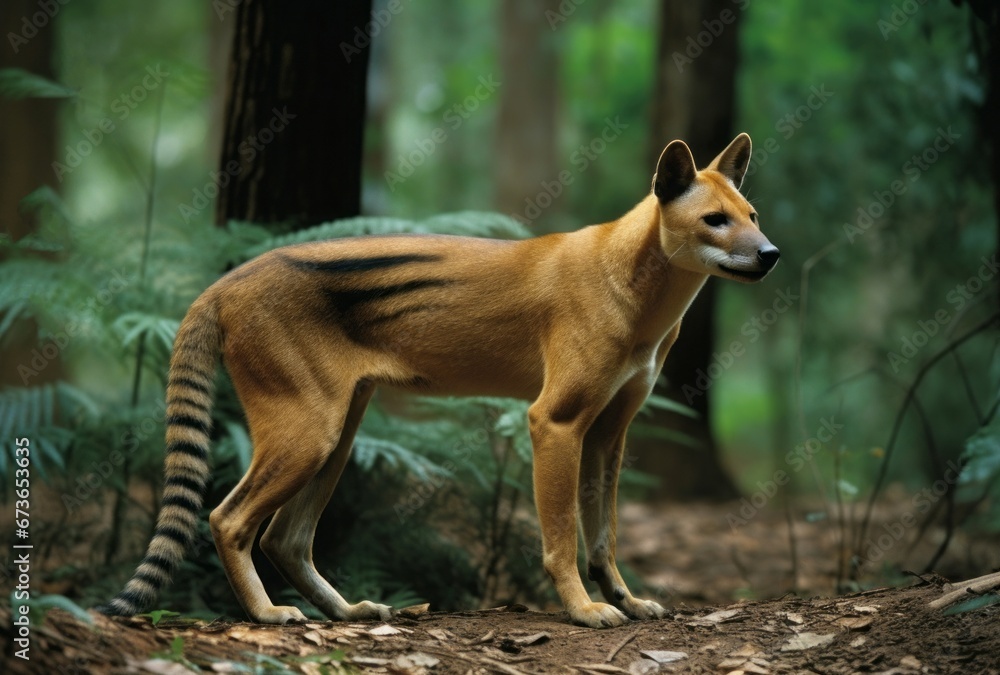 Tasmanian tiger forest photo shot. Park feline predator big wildcat ...
