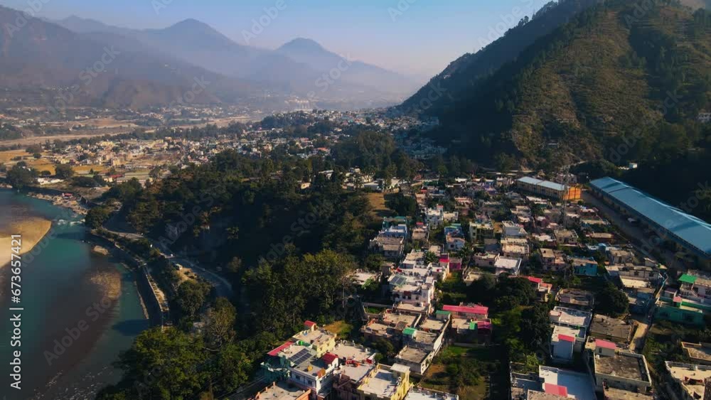 Aerial view of Srinagar city in Pauri Garhwal, the Indian state of ...
