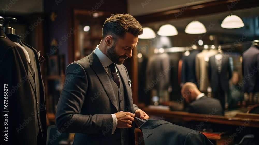 Scene in a men's suit tailor, formal suit shop. A gentlemen wearing a ...