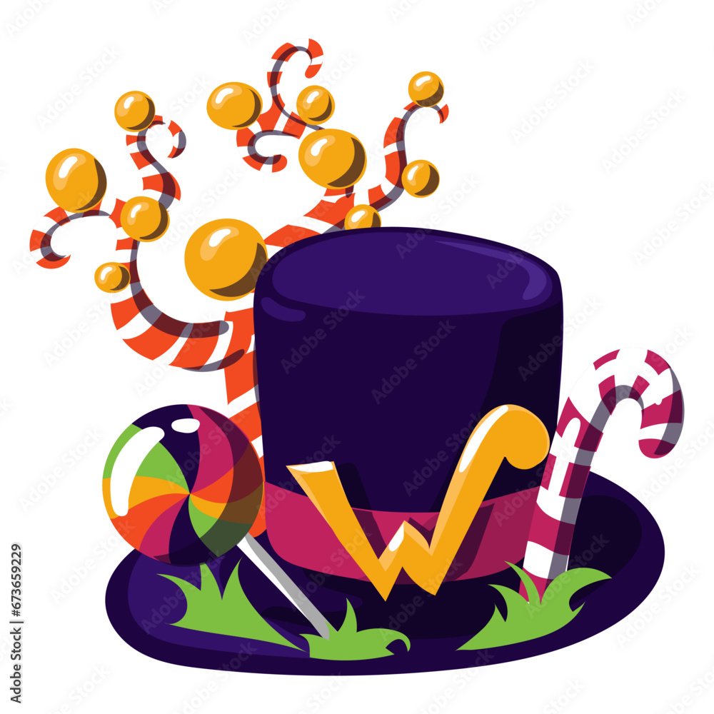 Purple hat with candy. The world of Willy Wonka hat with fictional ...
