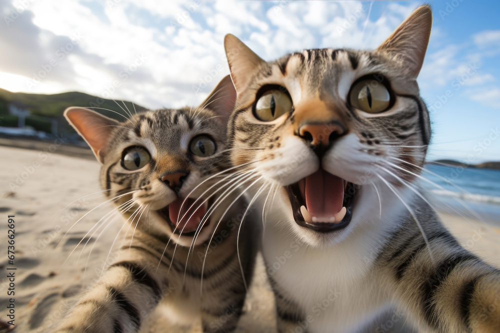 Two funny cats take a selfie on the beach. Humor. Created using ...