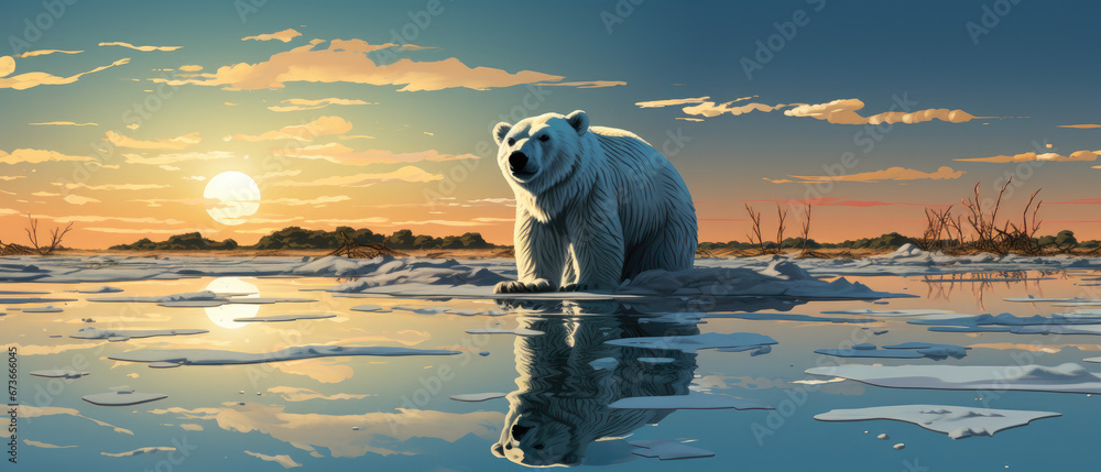 A lone polar bear, marooned on a shrinking ice floe in the midst of ...