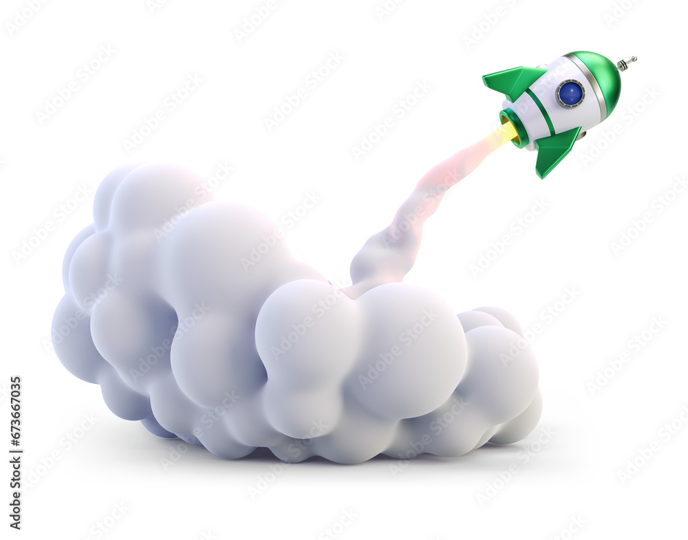 3D green space rocket taking off to right with smoke spewing. Business ...