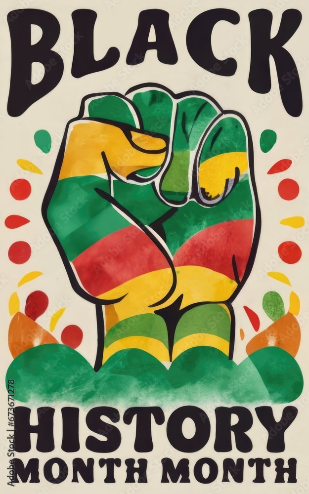 Black history month poster with fist abd text in pan African flag ...