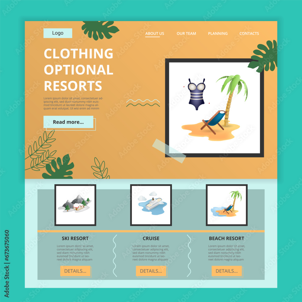 Clothing optional resort flat landing page website template. Ski resort ...