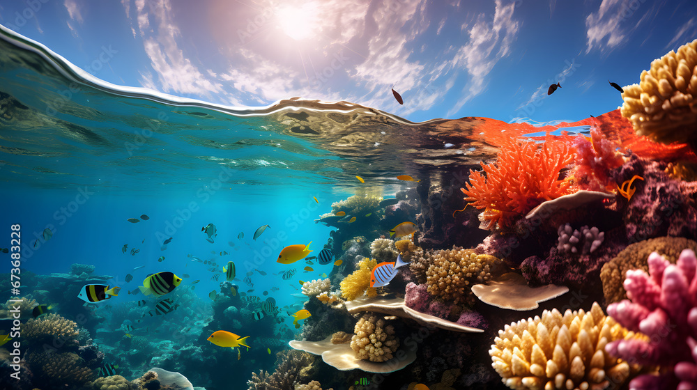 A vivid underwater photograph of a vibrant coral reef in danger of ...