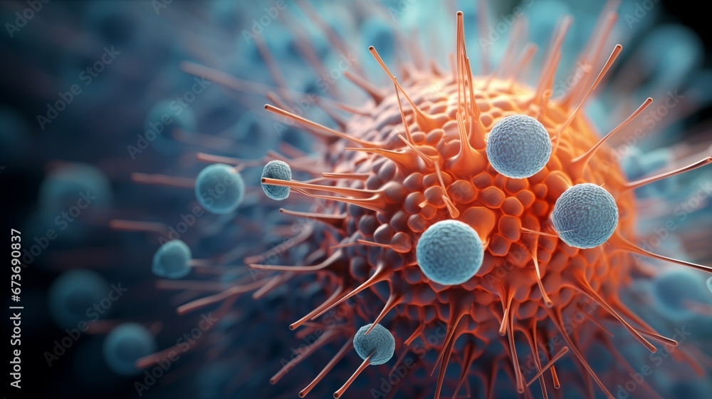 3d render of invading virus at molecular level, with virus' spiked ...