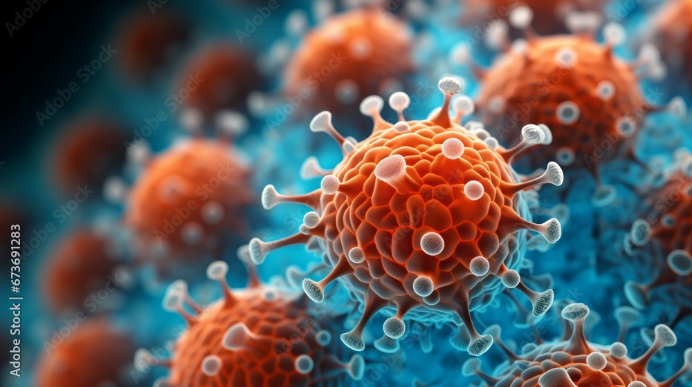 3d render of invading virus at molecular level, with virus' spiked ...