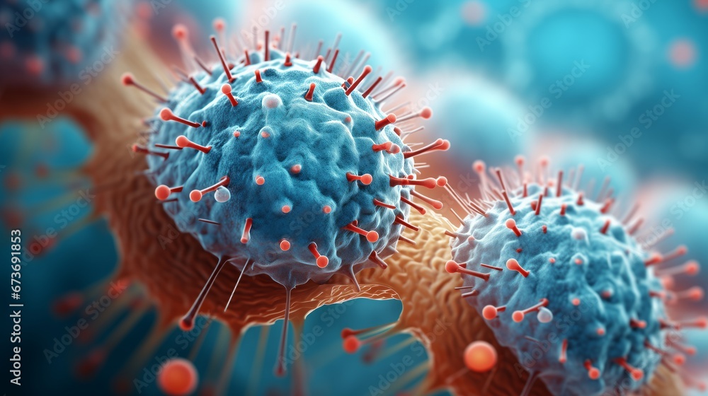 3d render of invading virus at molecular level, with virus' spiked ...