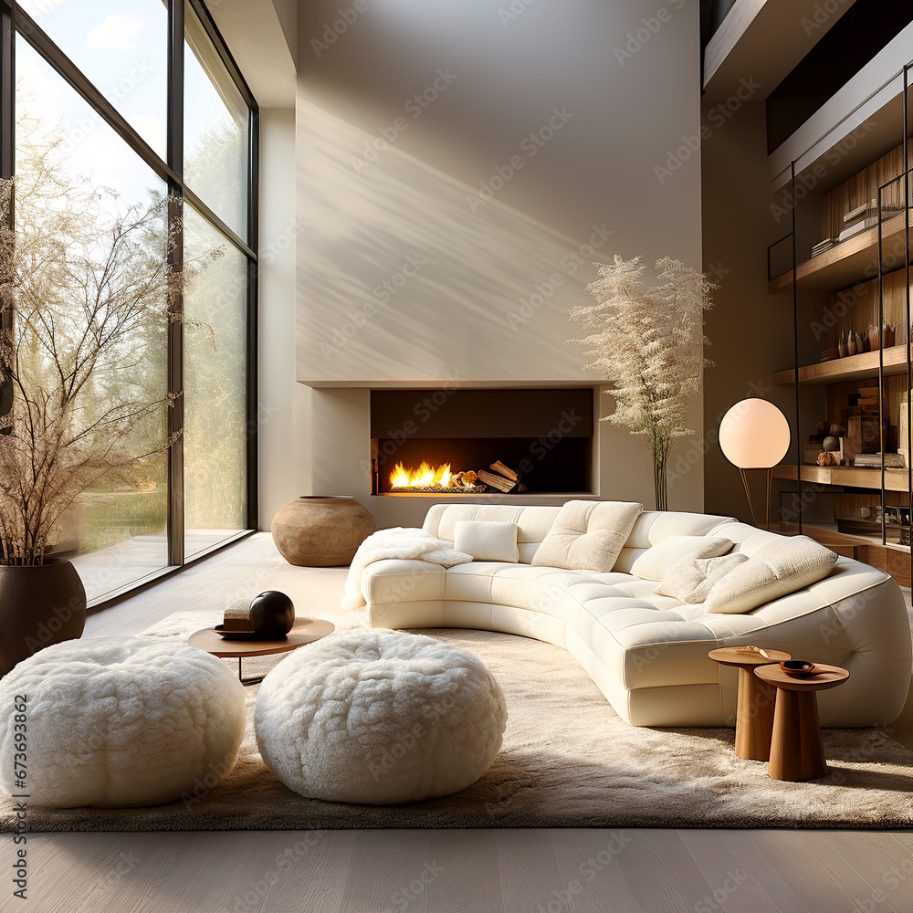Fluffy sheepskin poufs near curved sofa against beige wall with copy ...