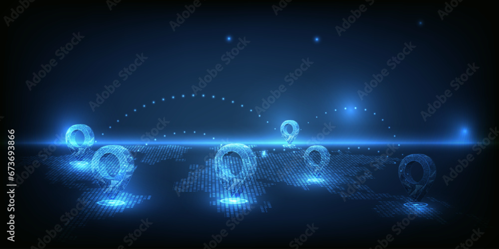 Vector illustrations of futuristic location icon pin on world map ...