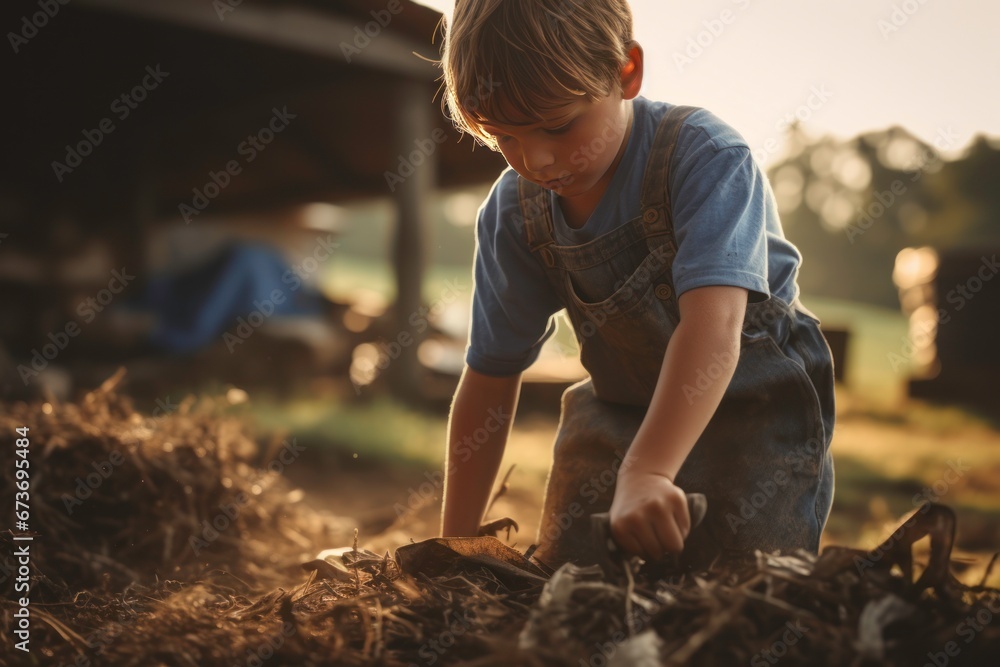 Adorable Young boy working as a farmer. Stock Illustration | Adobe Stock