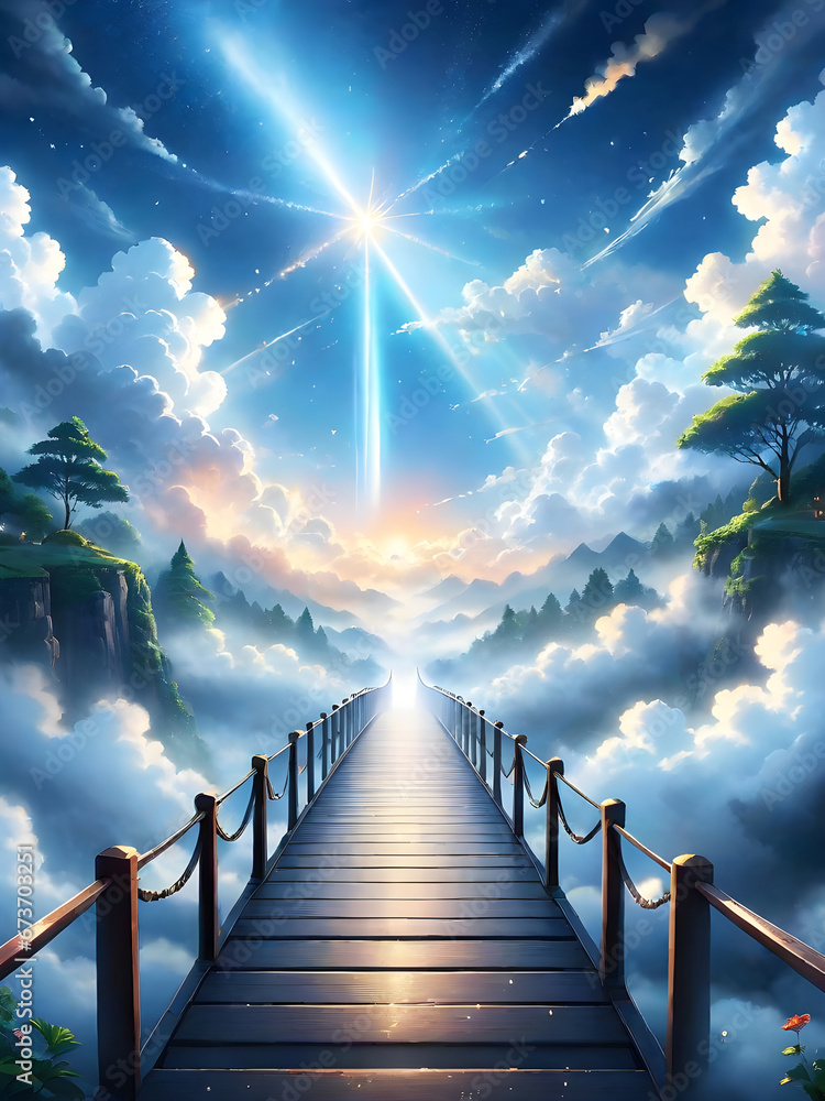 A bridge that leads to heaven Amidst, behind is the light of the ...