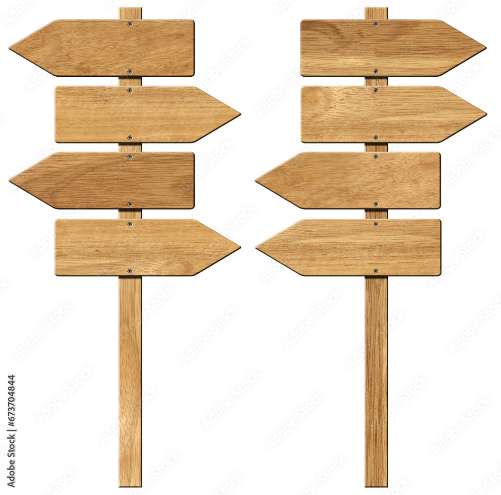 Collection of empty wooden directional signs (four arrows) with pole ...