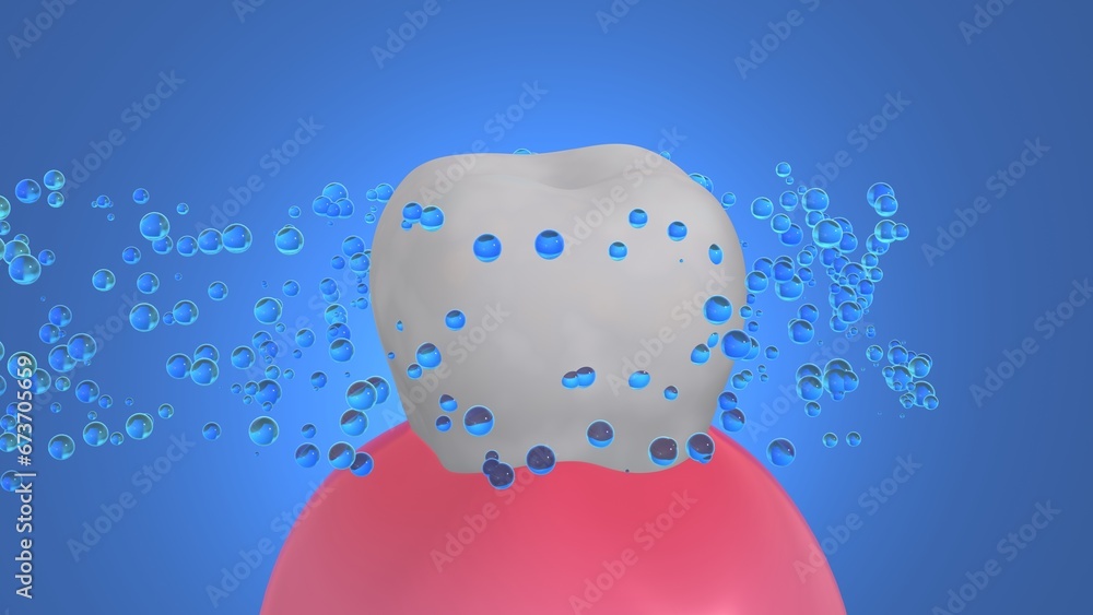 Cleaning tooth. Bubble of toothpaste cleaning dirty gums or tartar ...