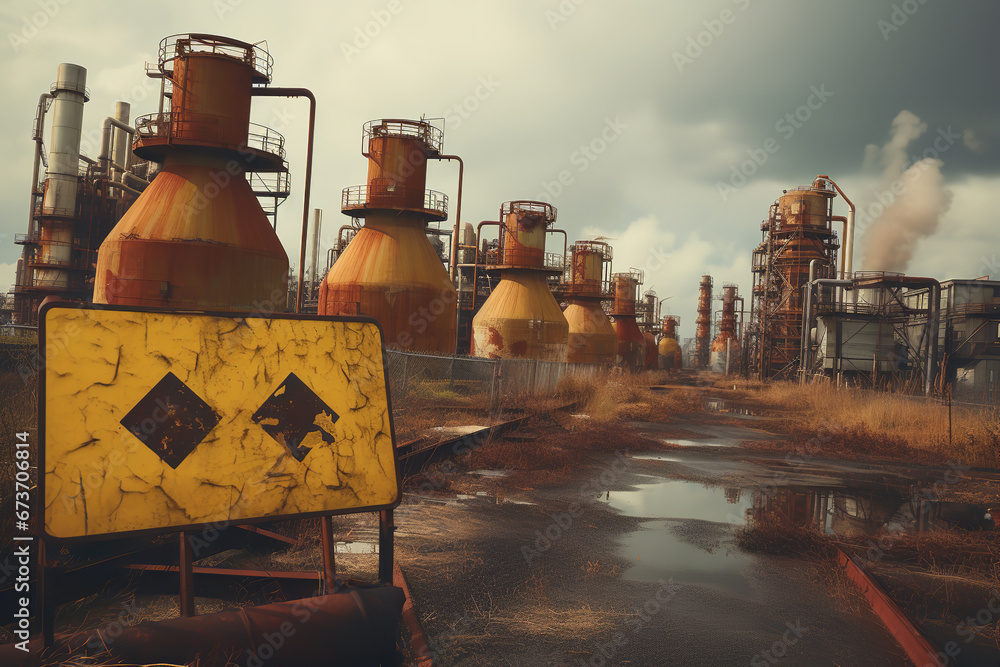 Multiple warning signs are posted around a chemical plant, cautioning ...