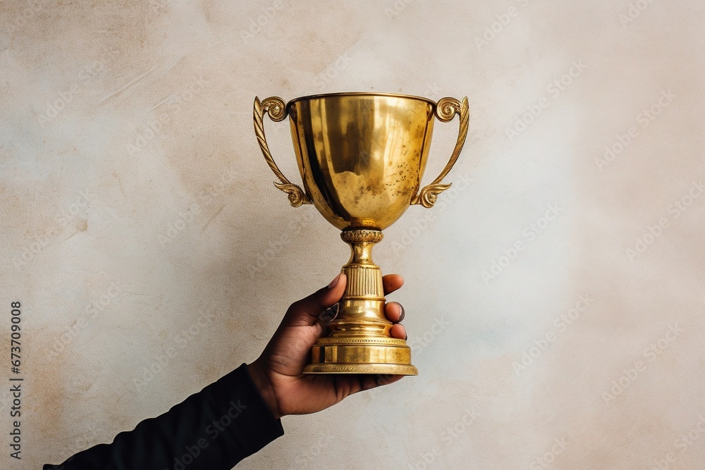 Hand holding a gold trophy. Sports, champion with trophy for ...