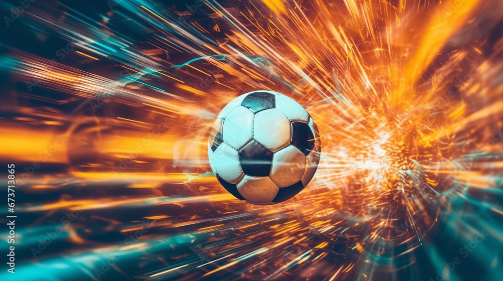 Blurred motion of a soccer ball being kicked into th AI generated ...