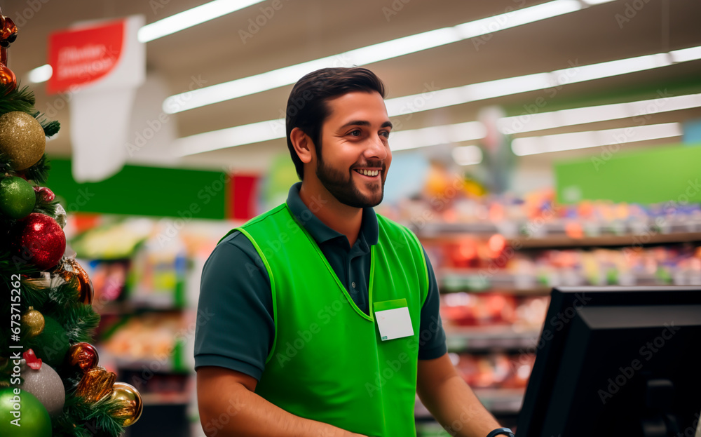 Man working at the supermarket checkout or cash register. Friendly ...