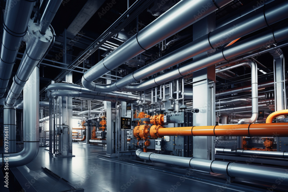 Steel large chrome pipes inside the factory.generative ai ภาพถ่ายสต็อก ...