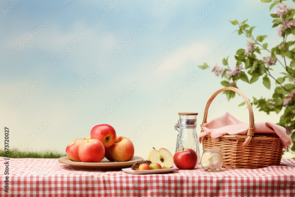 Vibrant Gala apple in a charming picnic setting with a pastel color ...