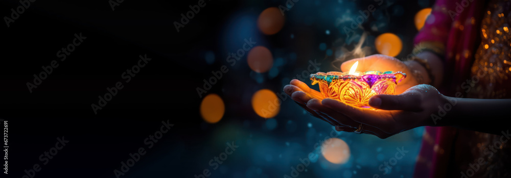 Indian Woman holding an oil lamp on night background, Hindu Festival of ...