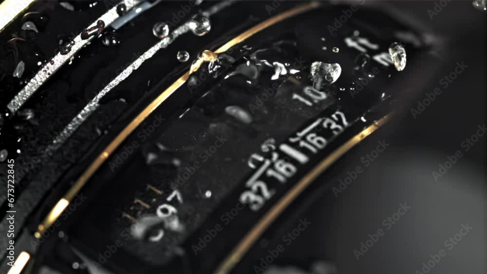 Drops of rain fall on the lens. Filmed on a high-speed camera at 1000 ...