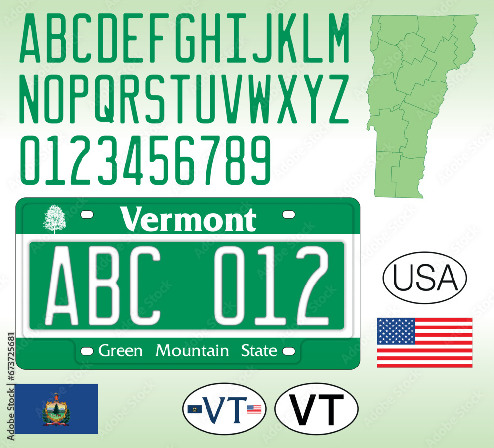Vermont car license plate pattern, letters, numbers and symbols, vector ...