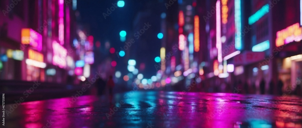 Wet asphalt. Blurred neon lights background. Neon city lights in bokeh ...