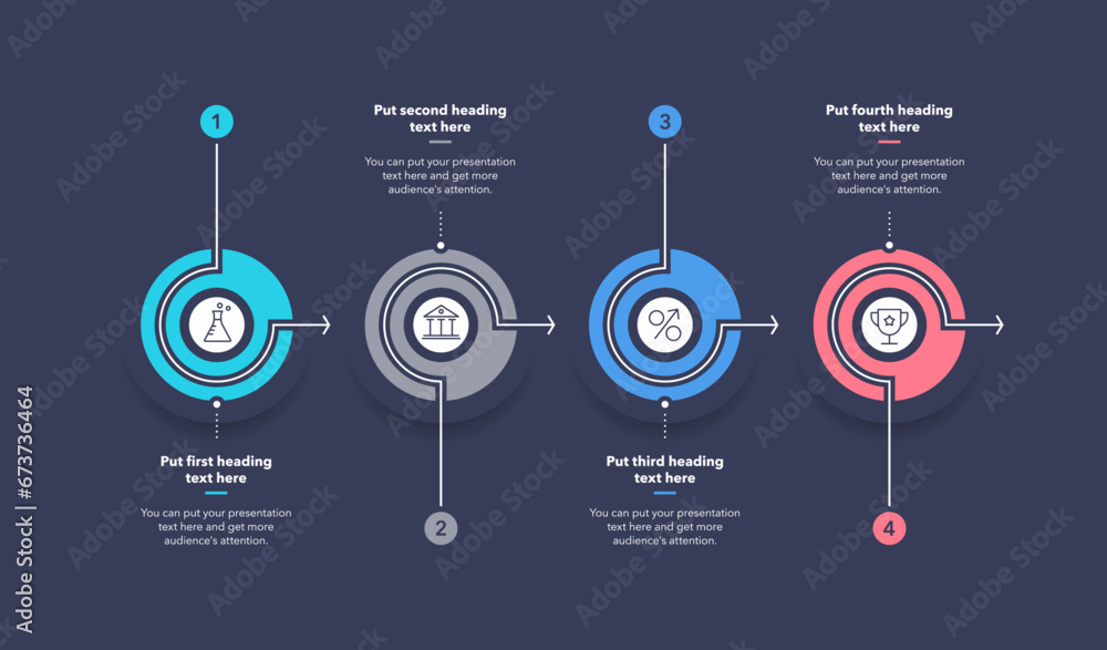 Horizontal process infographic template with four stages - dark version ...