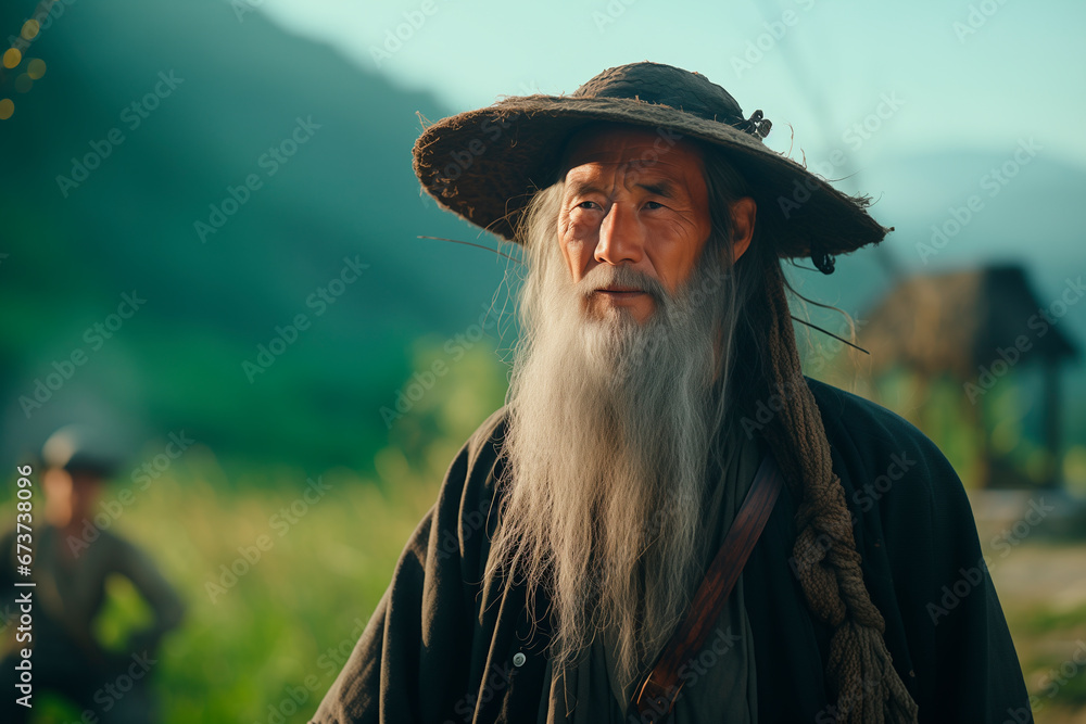 a standing old man with a beard, in the style of traditional Chinese ...