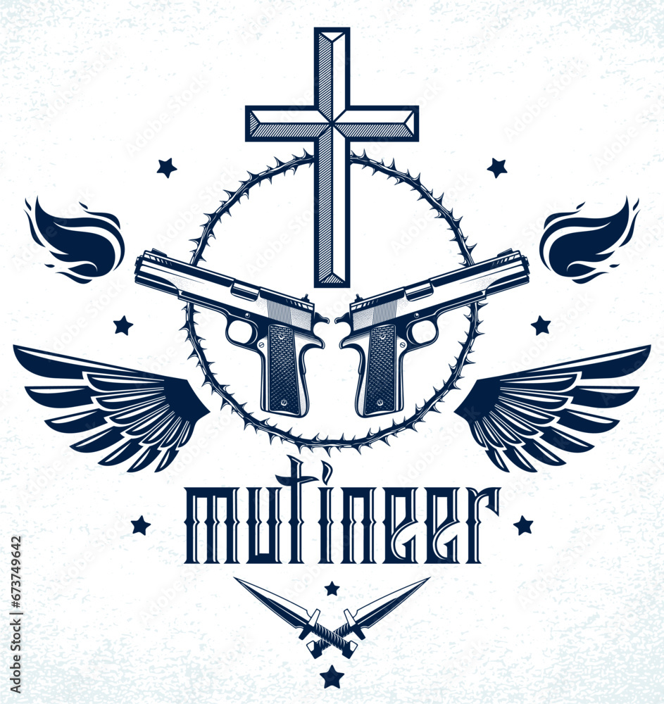 Gangster thug emblem or logo with Christian Cross, weapons and ...
