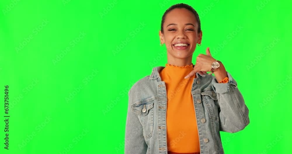 Green screen, call me and woman wink or flirting on a studio background ...